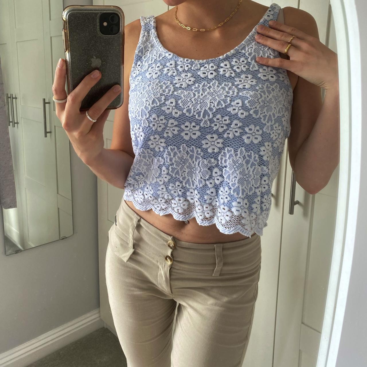 Blue and white floral vest top from topshop, lace,... - Depop