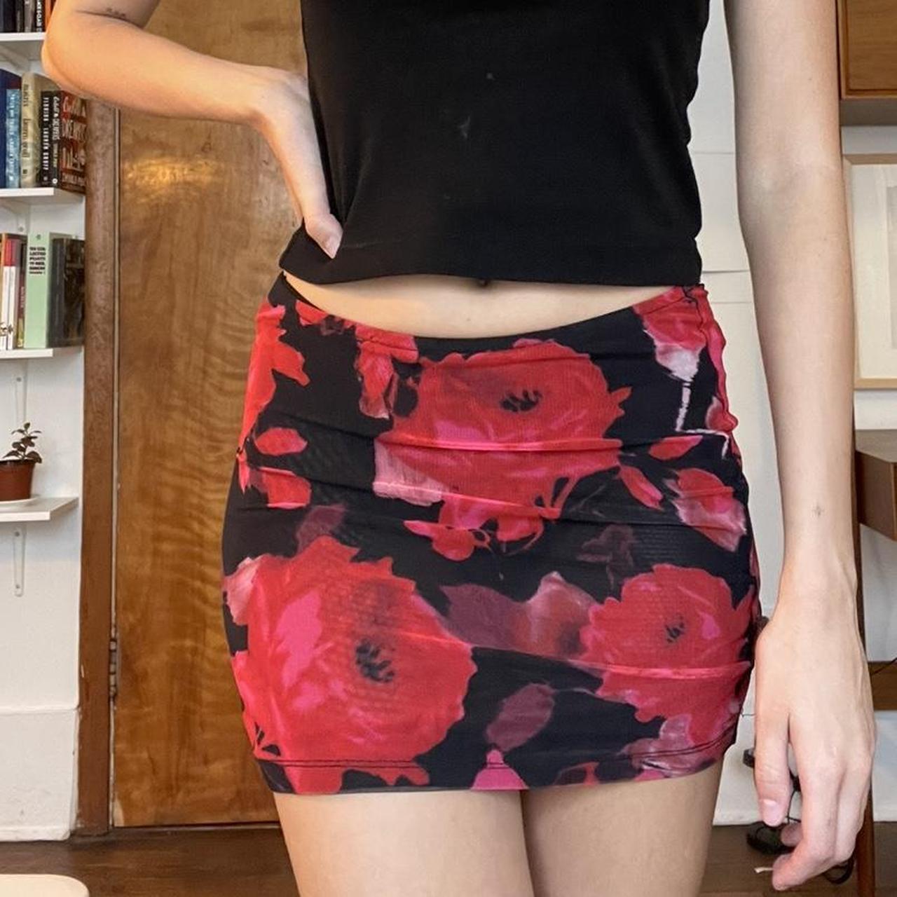 lioness red floral 90s skirt worn a few times, like... - Depop