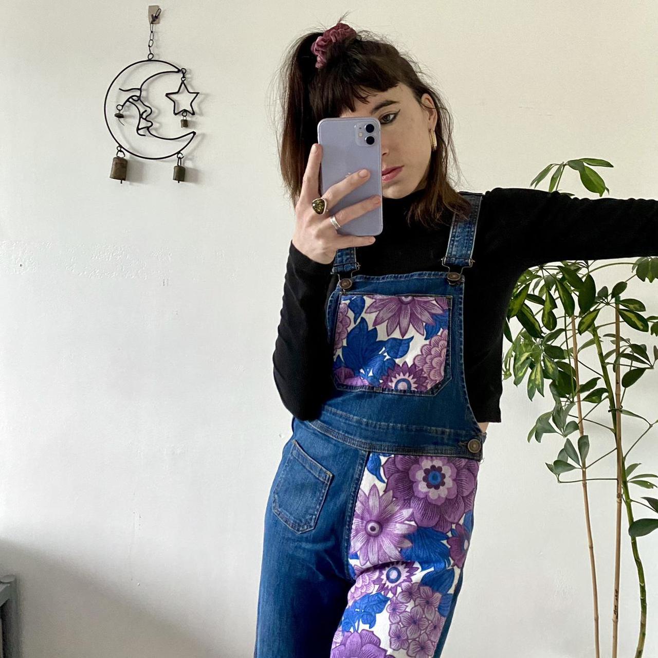 Beautiful flower power denim overalls 🌸💜🌸 Heavenly... - Depop