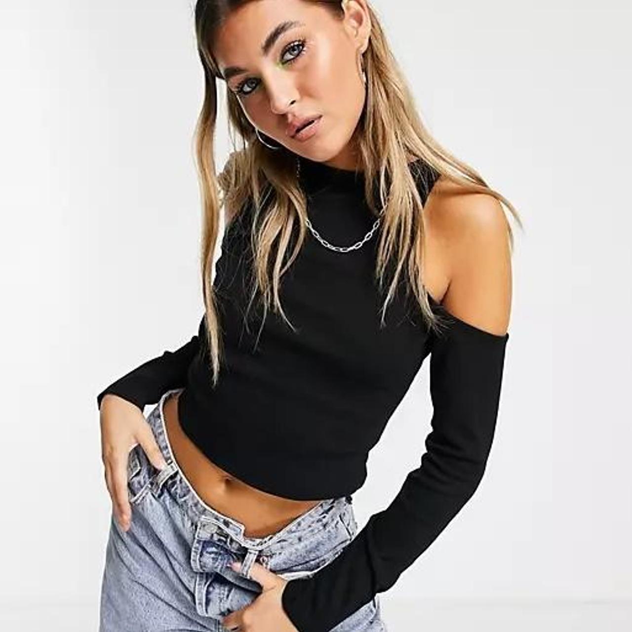 ASOS Design Black Cropped Long Sleeve Top with cold... - Depop