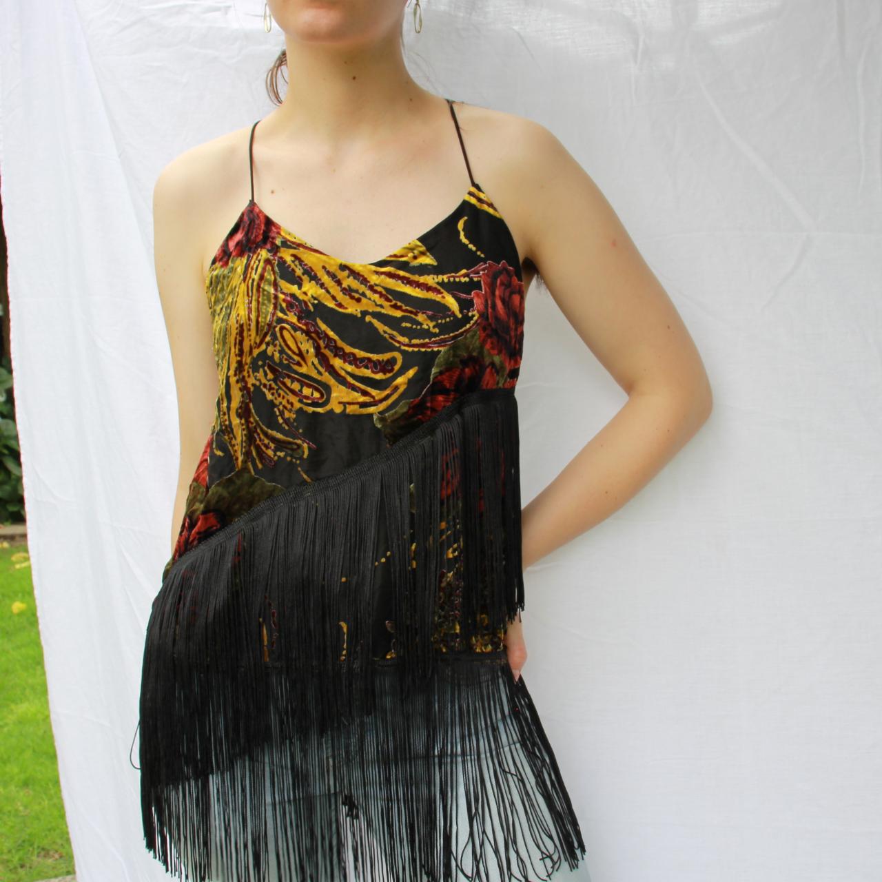 Stunning vibrant floral fringe top with spaghetti... - Depop