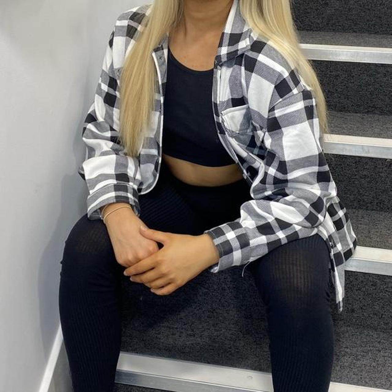 black and white check shacket worn once size 8 would... - Depop