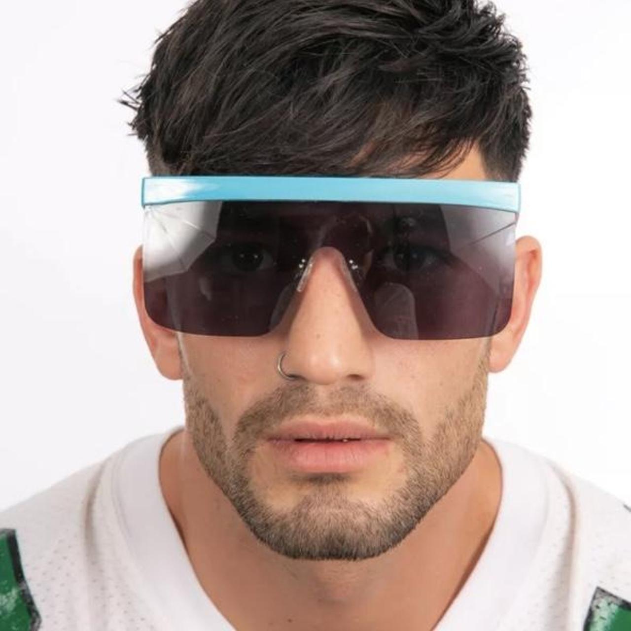 90s Vintage Style Black & Blue Half Rim Shield Visor... - Depop