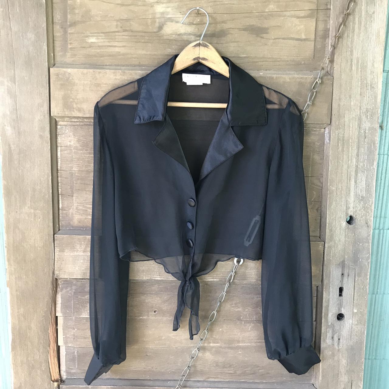Best ever vintage sheer black button down semi crop... | Depop