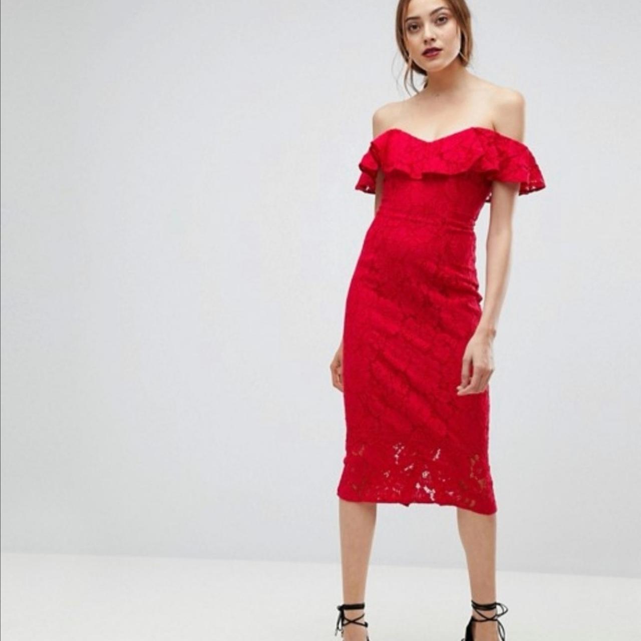 Red Lace Bardot Midi Dress Depop