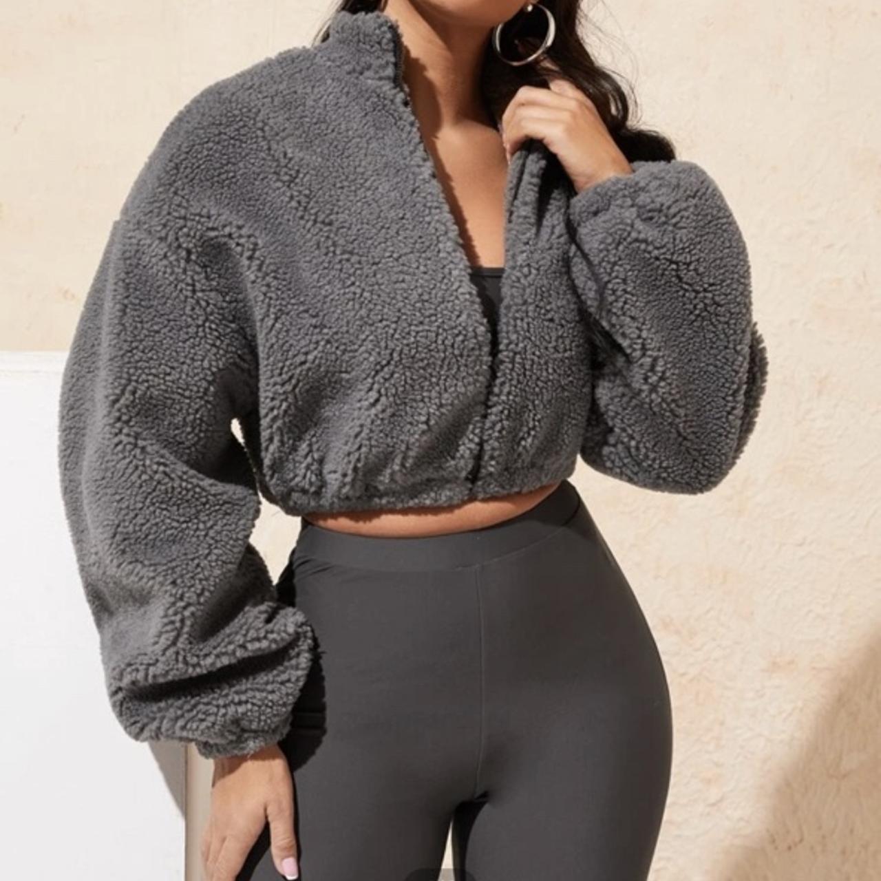 Cropped dark grey zip up teddy jacket. Size XS.... - Depop