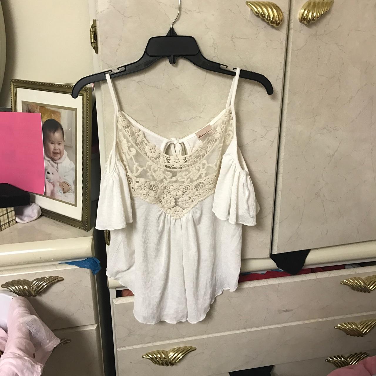 kawaii cold shoulder top with floral embroiderd mess... - Depop