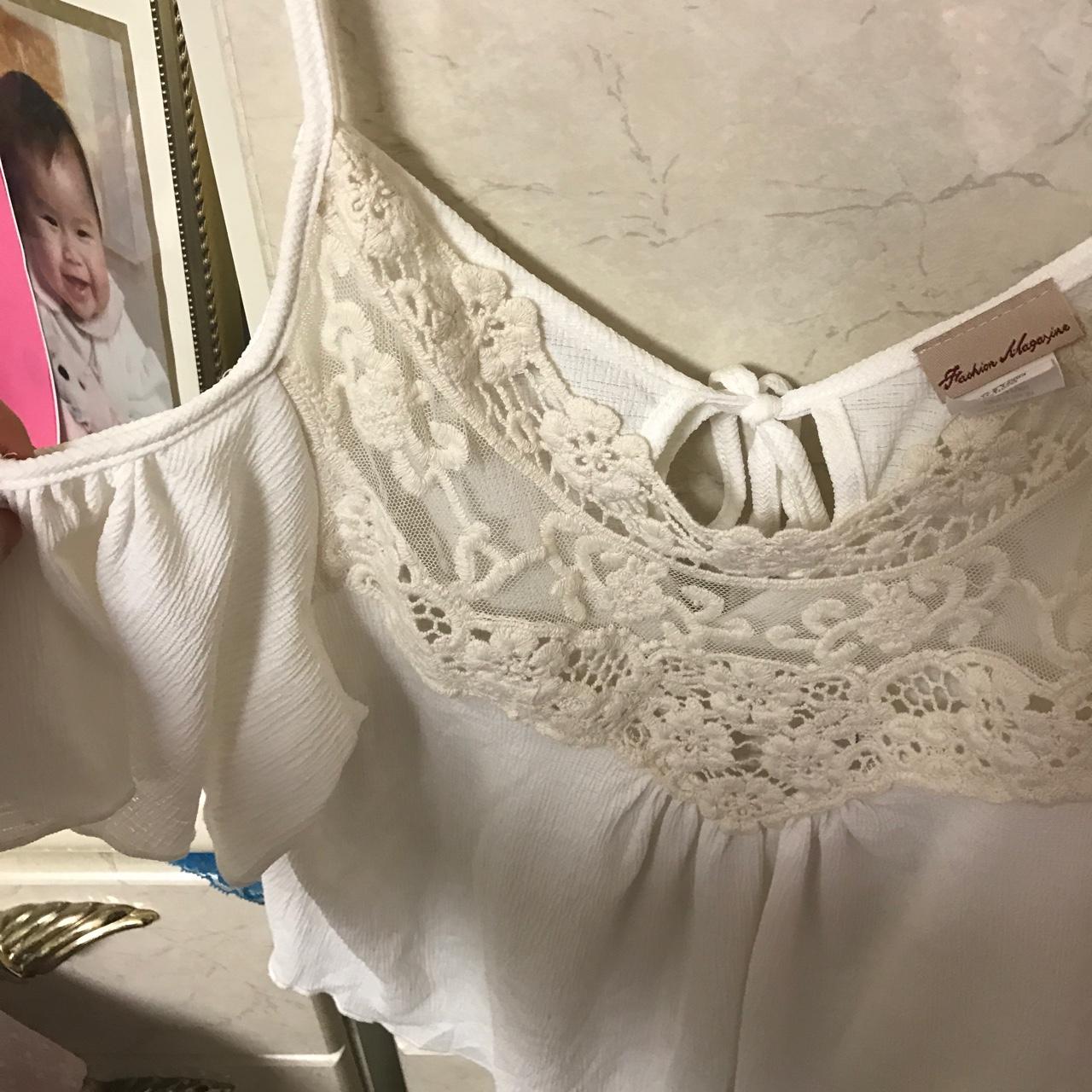 kawaii cold shoulder top with floral embroiderd mess... - Depop