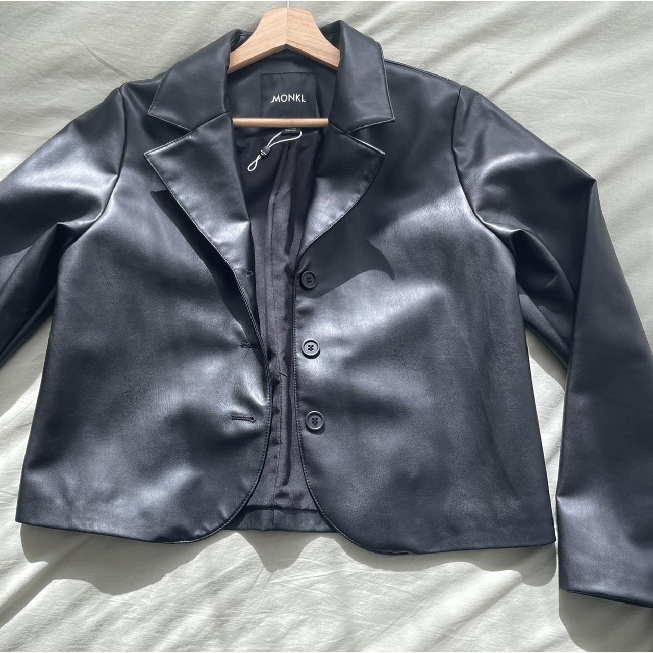 Monki cropped leather jacket with buttons... | Depop