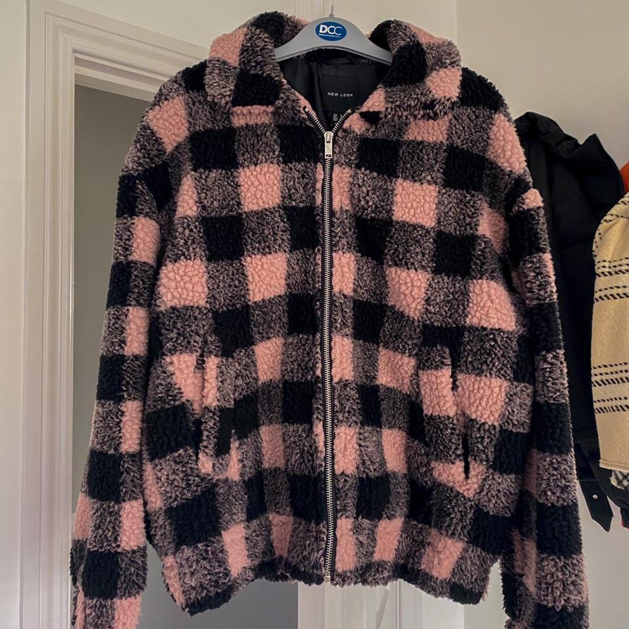 Pink Checked Teddy Coat 💖 Worn a handful of times-... - Depop