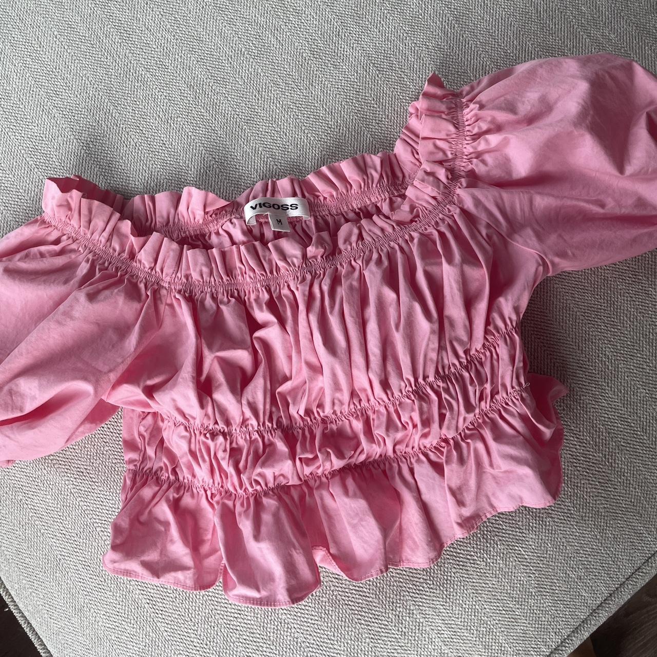 Pink “kira” woven peasant top from Vigoss, size... - Depop