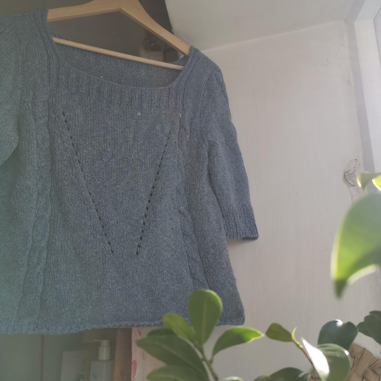 Handmade blue knitted box neck line jumper with 3/4... - Depop