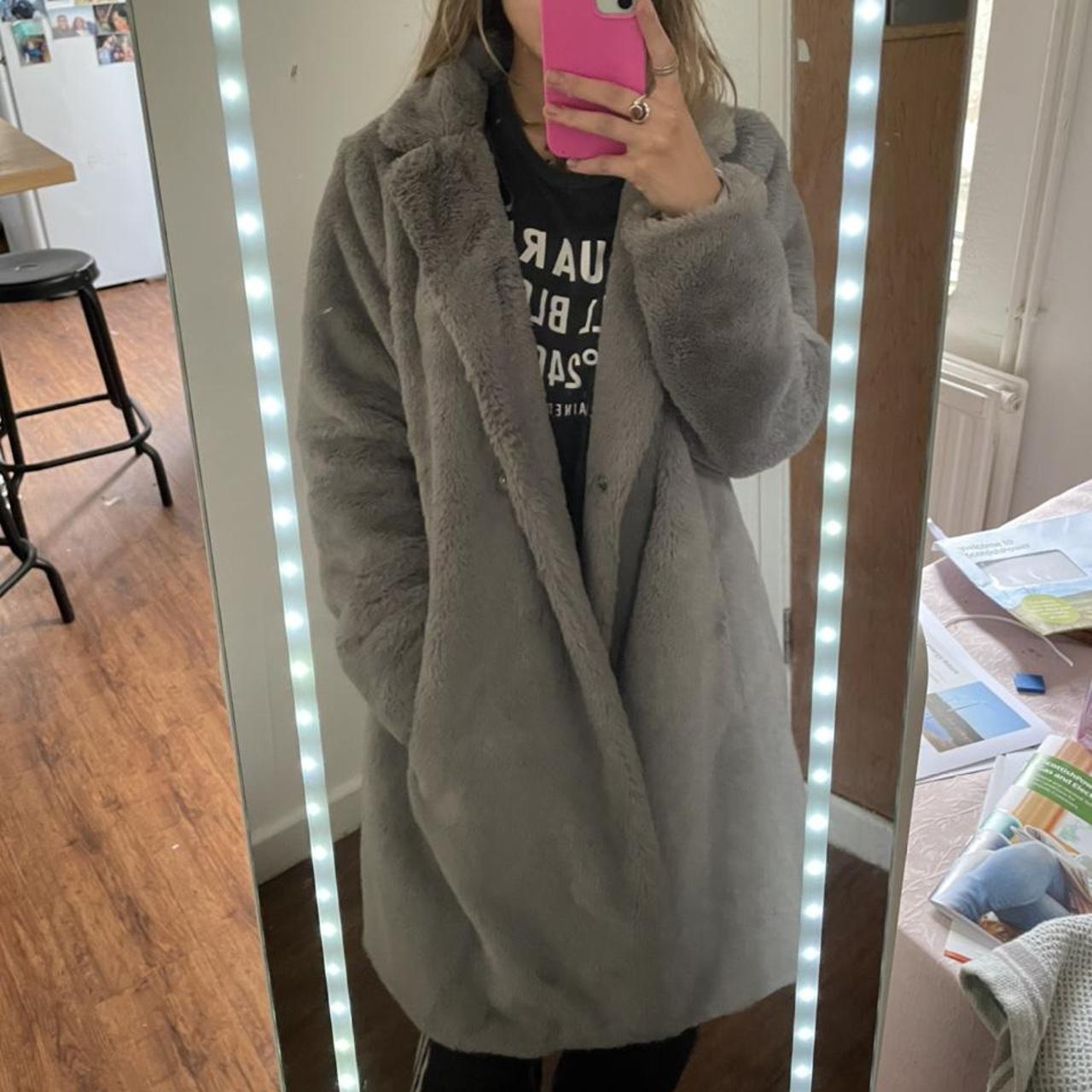 Long faux fur coat grey / gray Says size 14 on label... - Depop