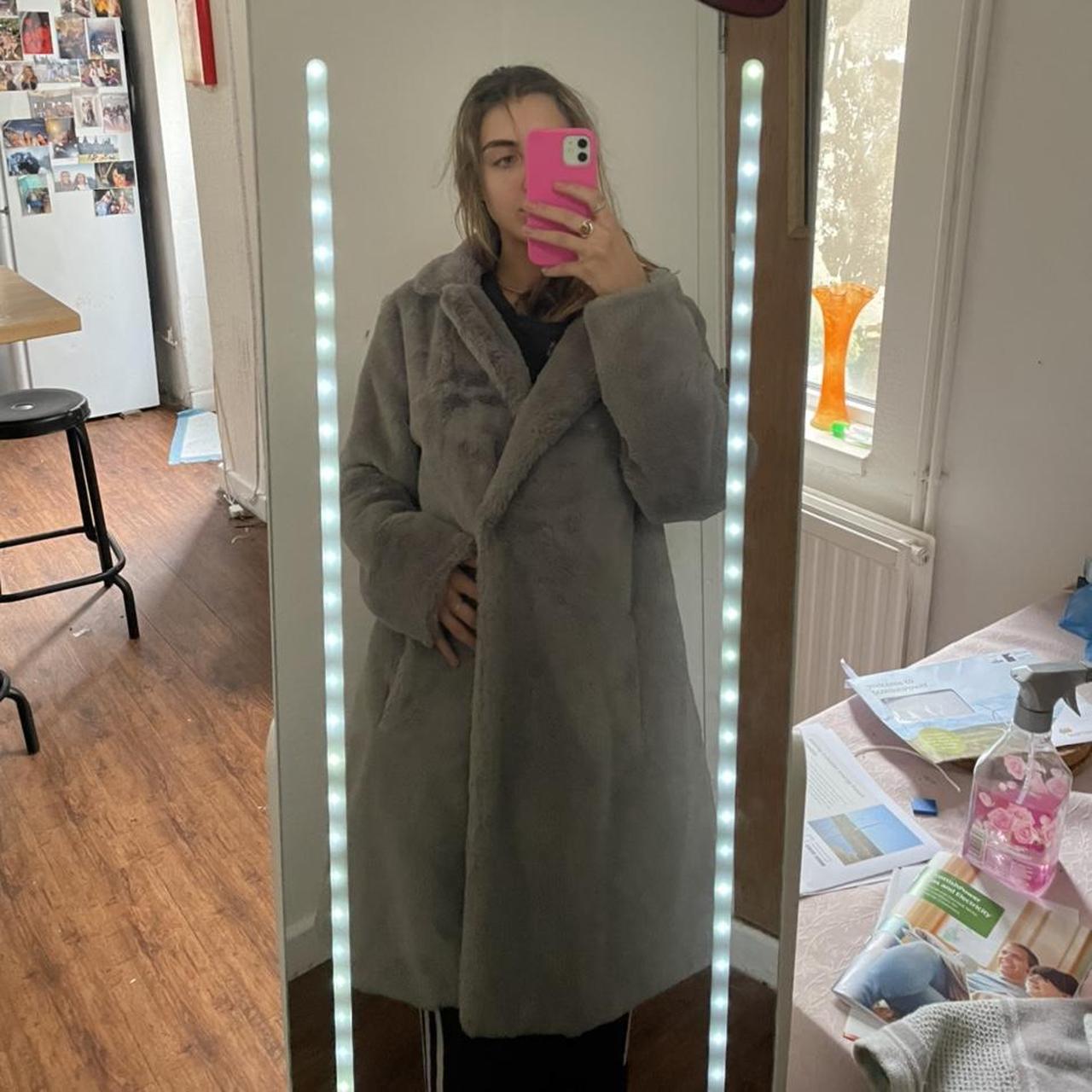 Long faux fur coat grey / gray Says size 14 on label... - Depop