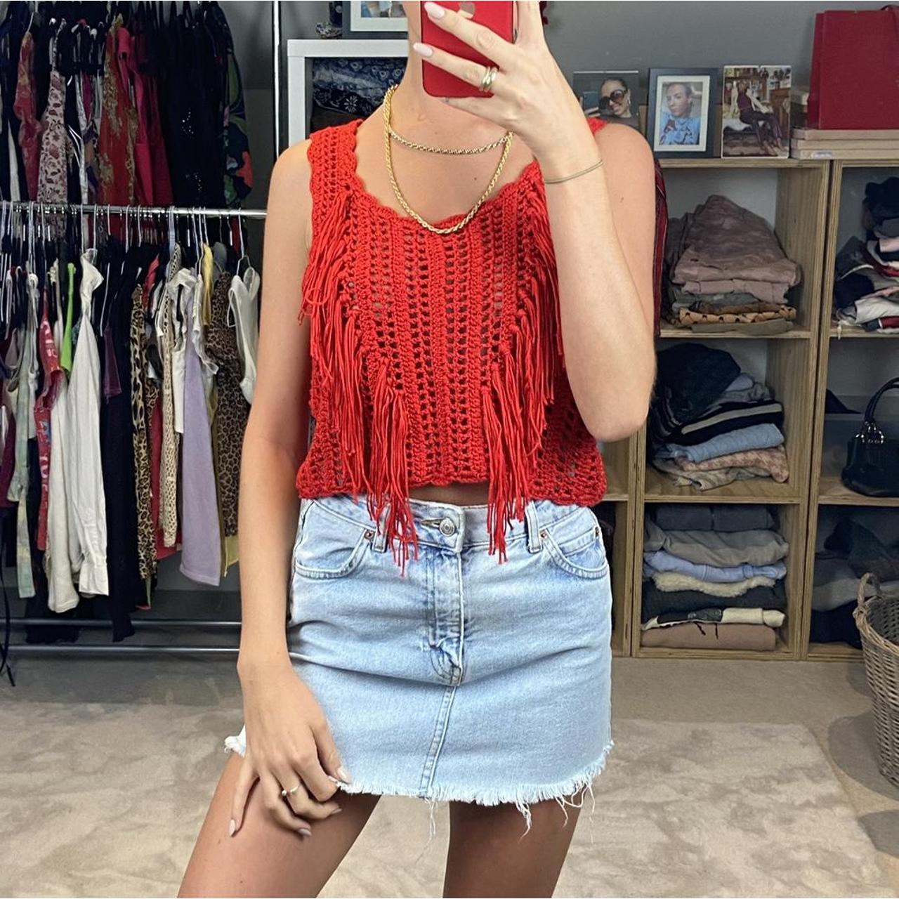 Funky red knit vest top Fringed front Perfect for... - Depop