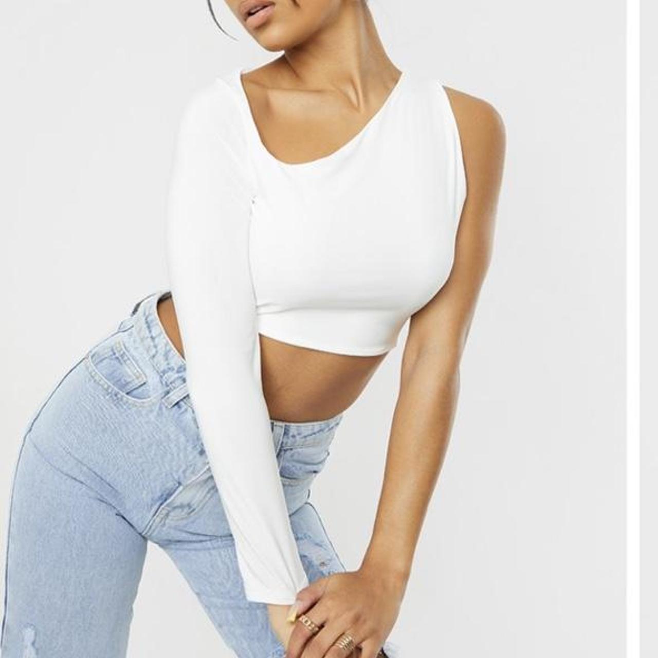 PLT white one sleeve silk top #plt #white... | Depop