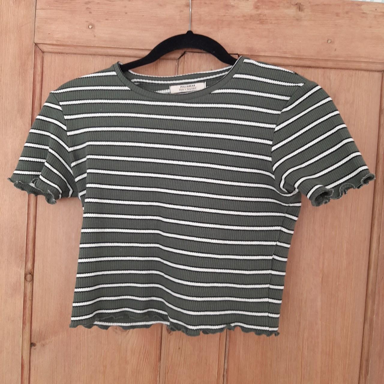 Pull&bear Green & white striped crop top with... - Depop