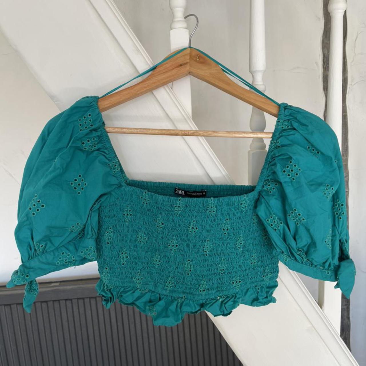Zara turquoise embroidered crop top - worn once - Depop