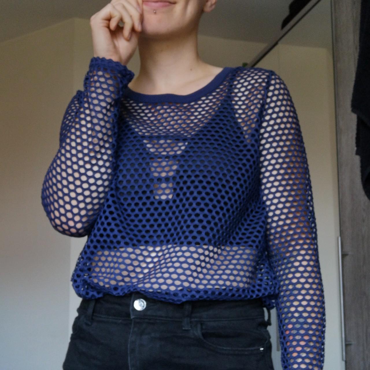 NEXT NAVY BLUE MESH NET HOLEY LONG SLEEVE SHIRT -... | Depop