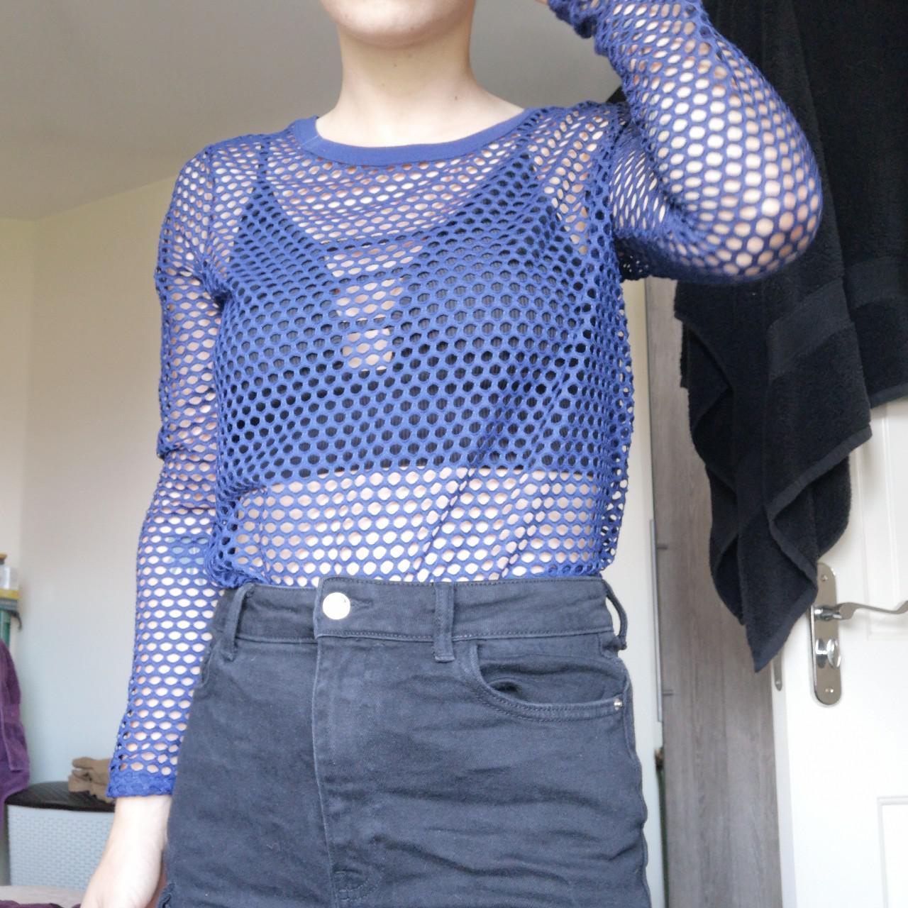 NEXT NAVY BLUE MESH NET HOLEY LONG SLEEVE SHIRT -... | Depop