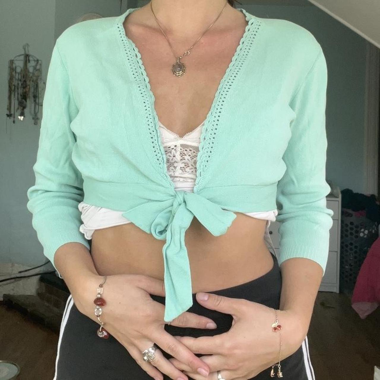 Adorable y2k teal blue greenish tie top! It has the... - Depop