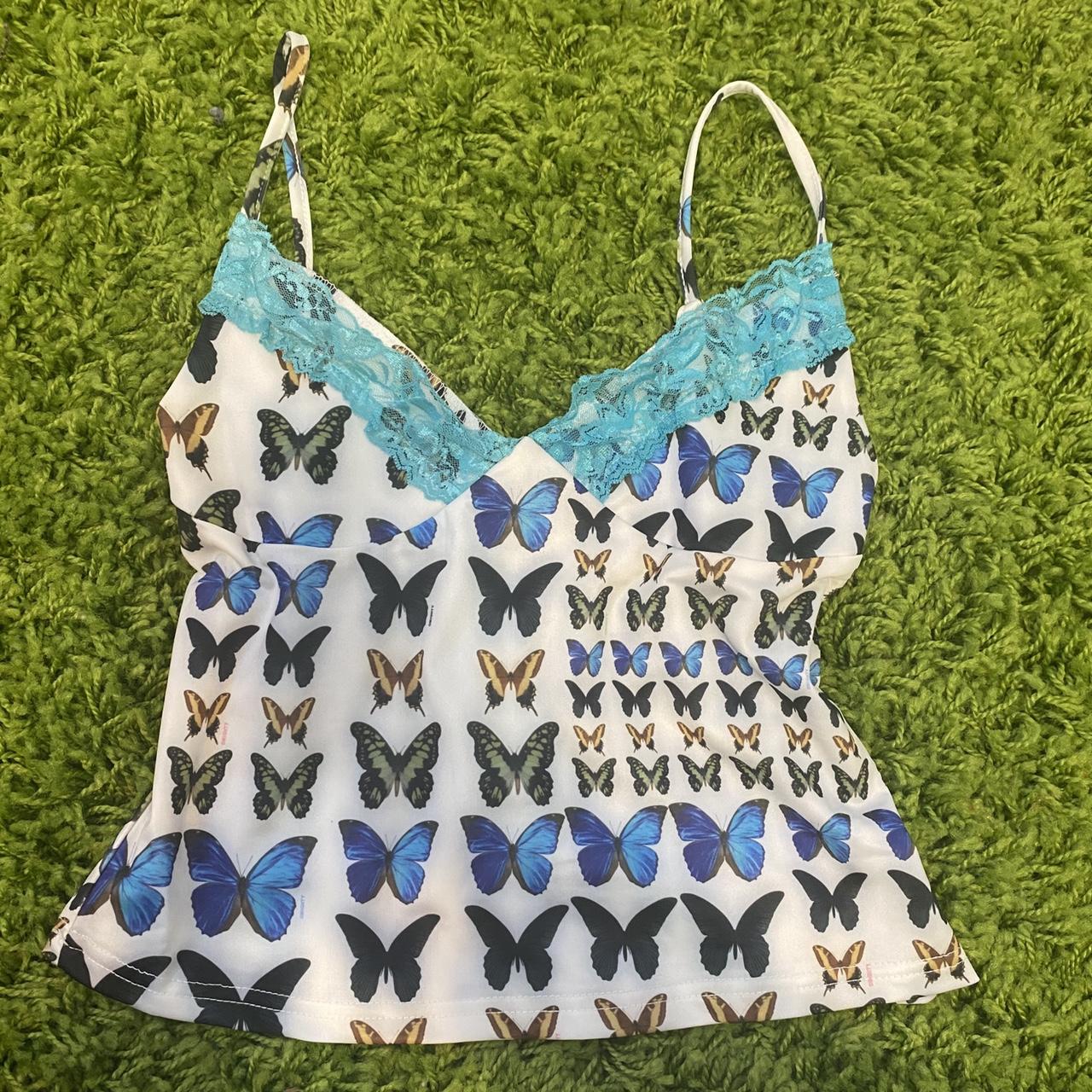 Butterfly cami with blue lace. #y2k #pinterest - Depop
