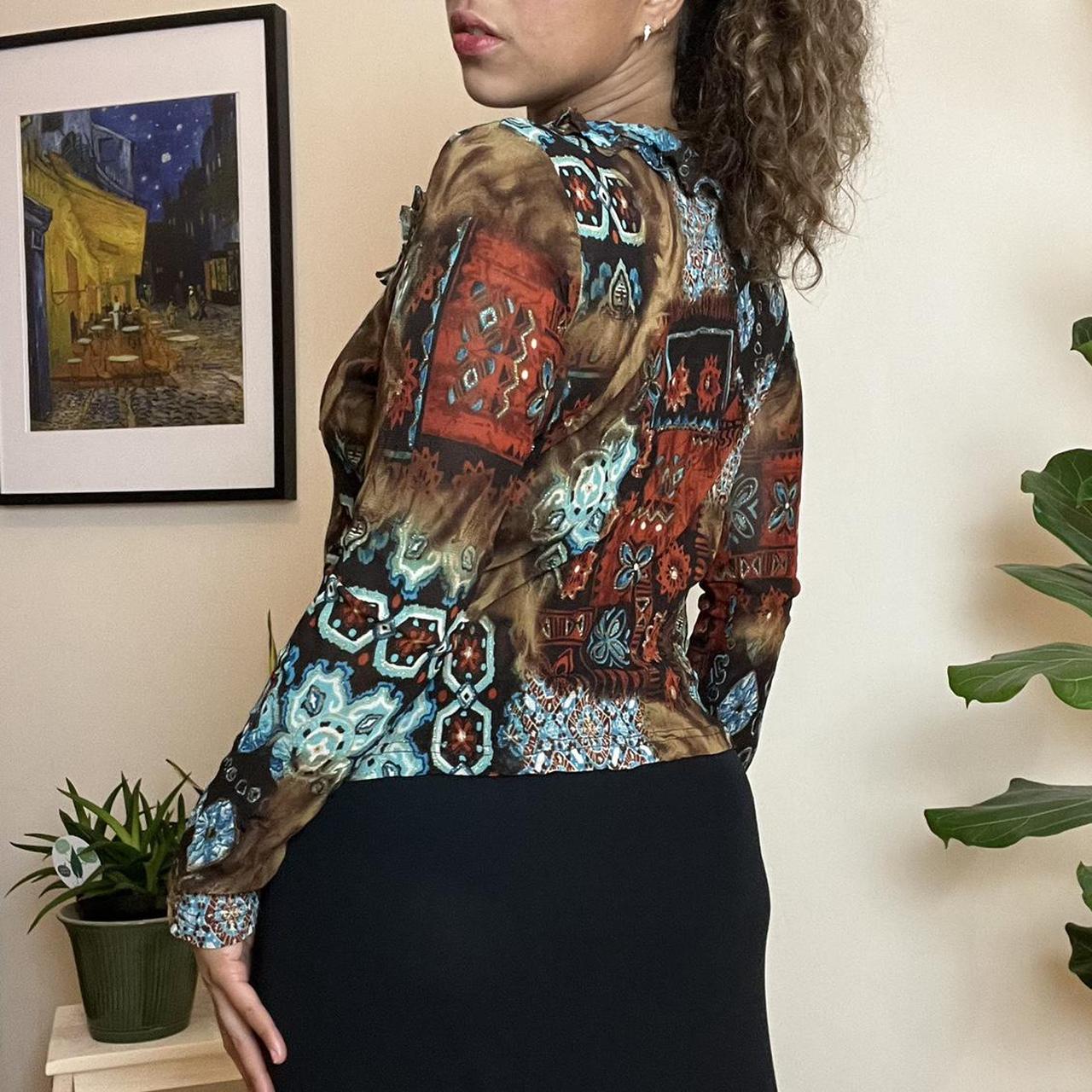 Double zip brown mesh long sleeved top with blue red... - Depop