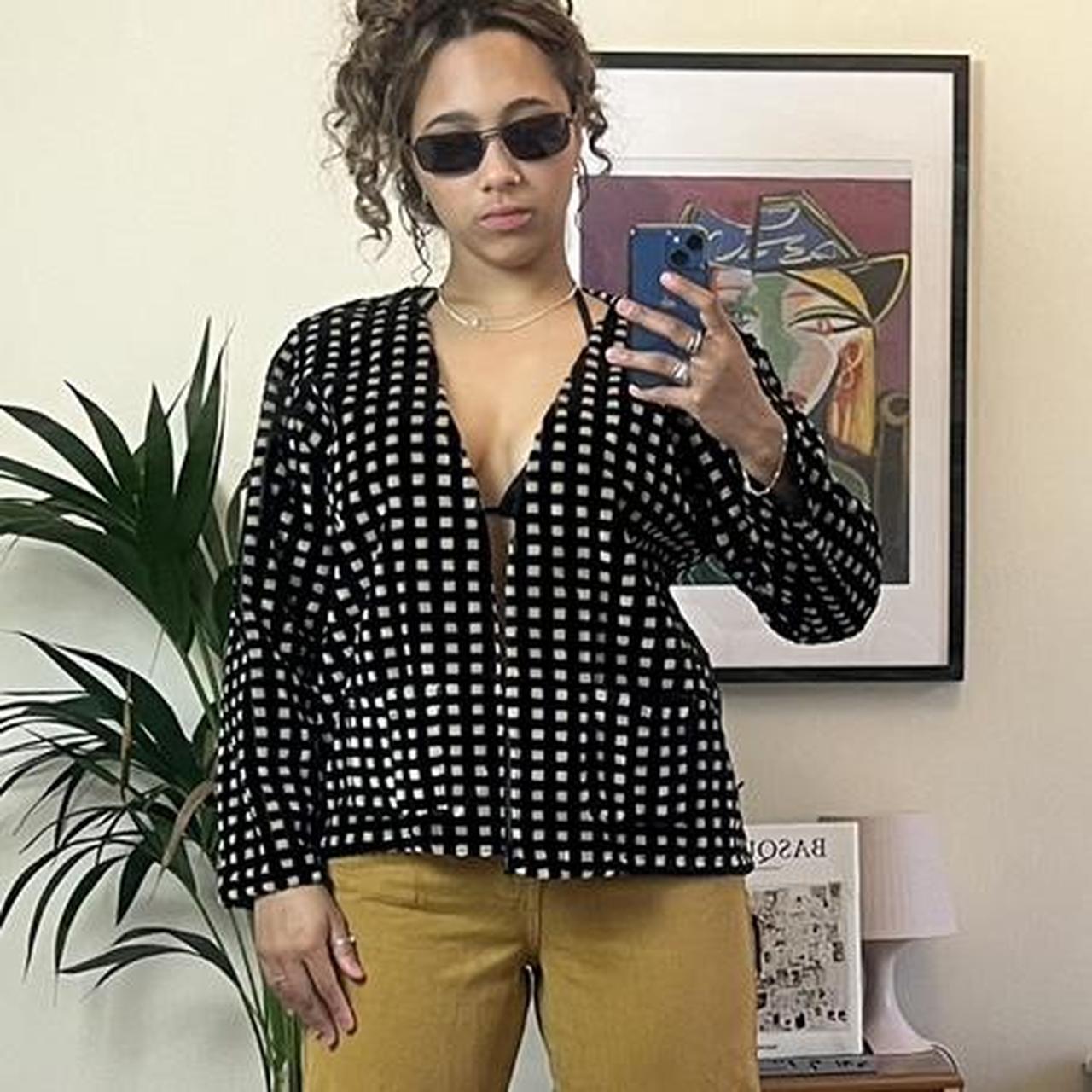 Black and cream checked velvet blazer/ coat. INSANE... - Depop