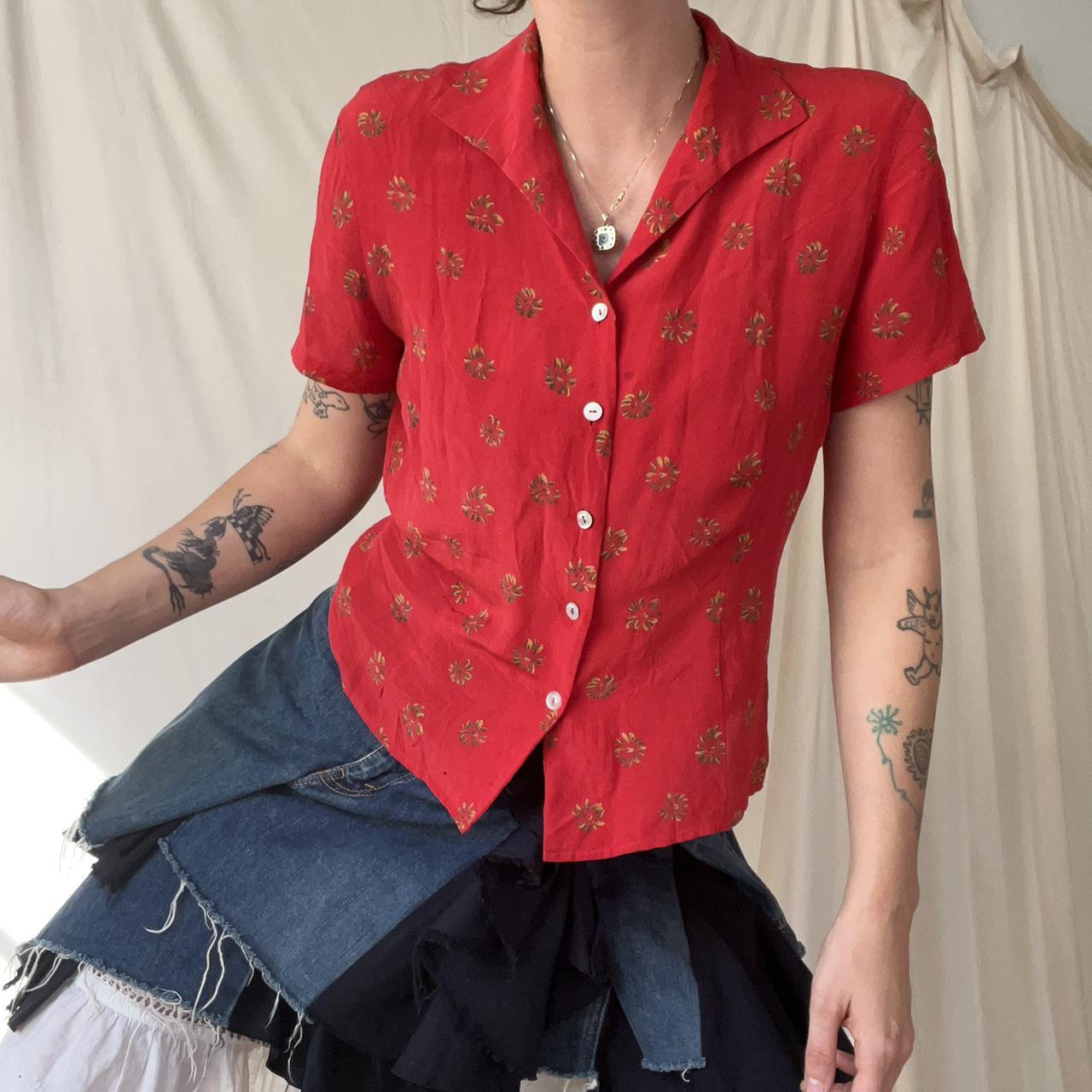 Bright red silk button up with brush stroked flower... - Depop