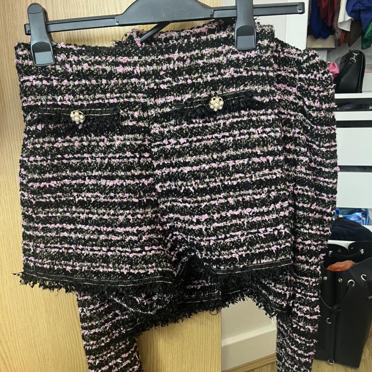 Womens zara pink tweed co-ord with gold buttons Size... - Depop