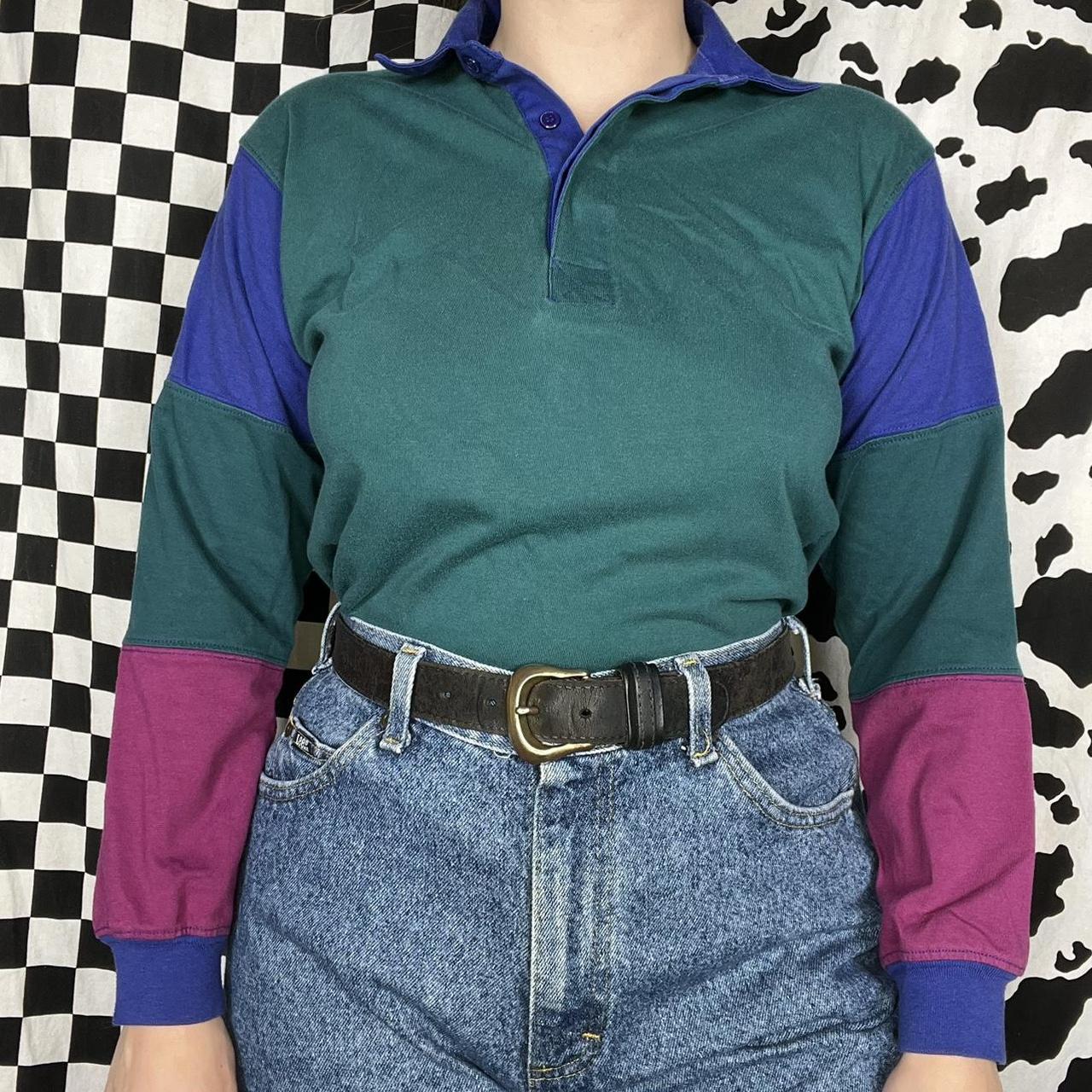 Vintage 90s colorblock long sleeve shirt. Has a... - Depop