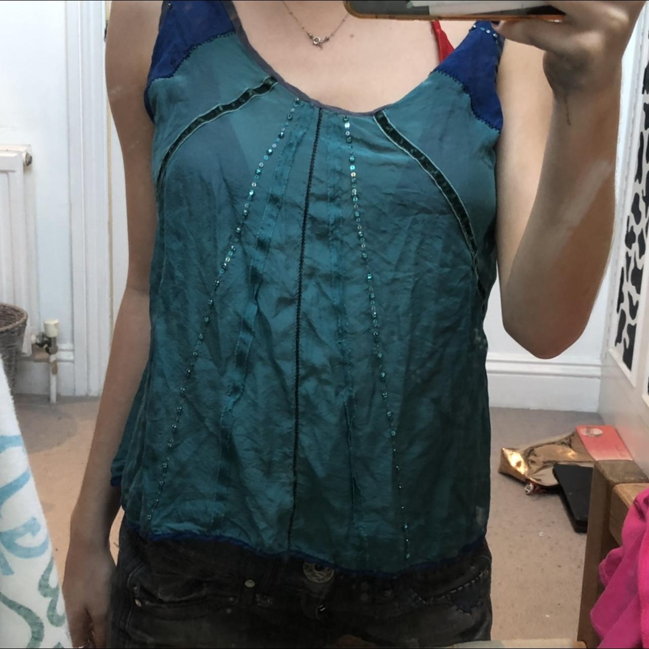 Insane blue mesh vest with sequinned detailing... - Depop