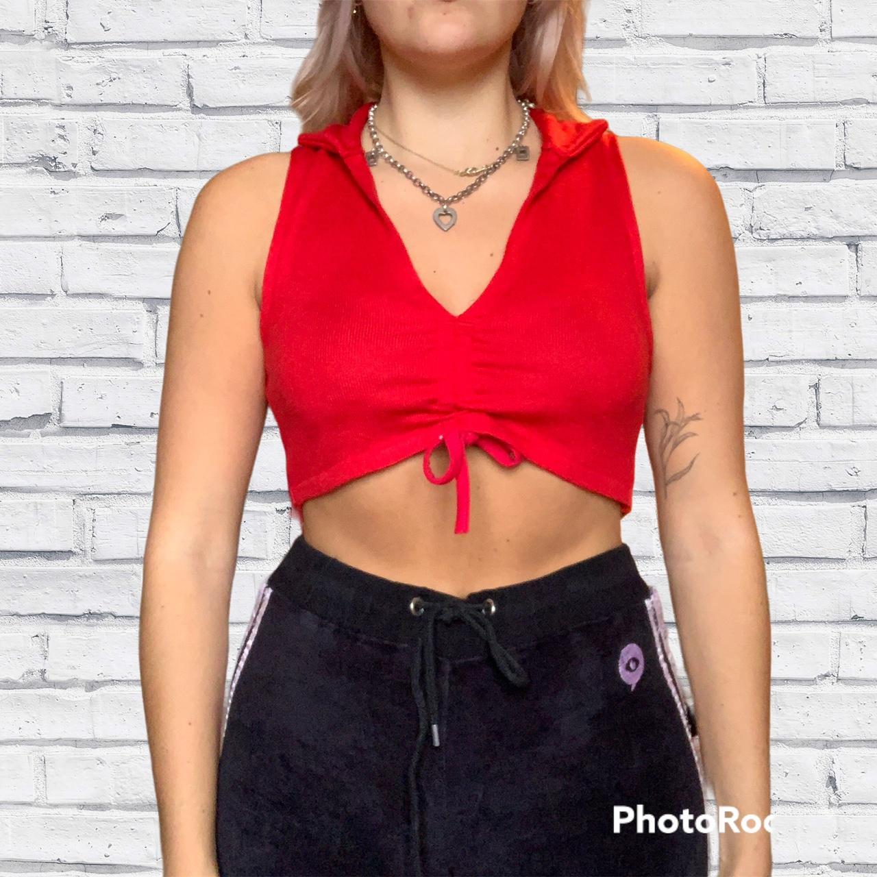 collared cherry red knit crop top with tie front... | Depop