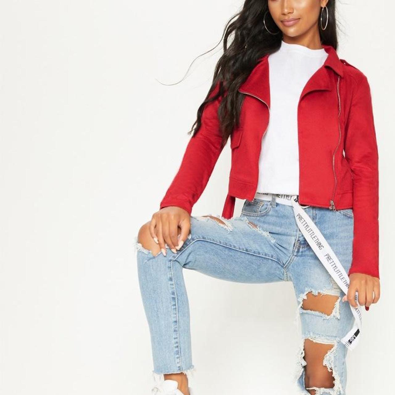 Red faux suede biker trucker jacket from PLT/Pretty... - Depop