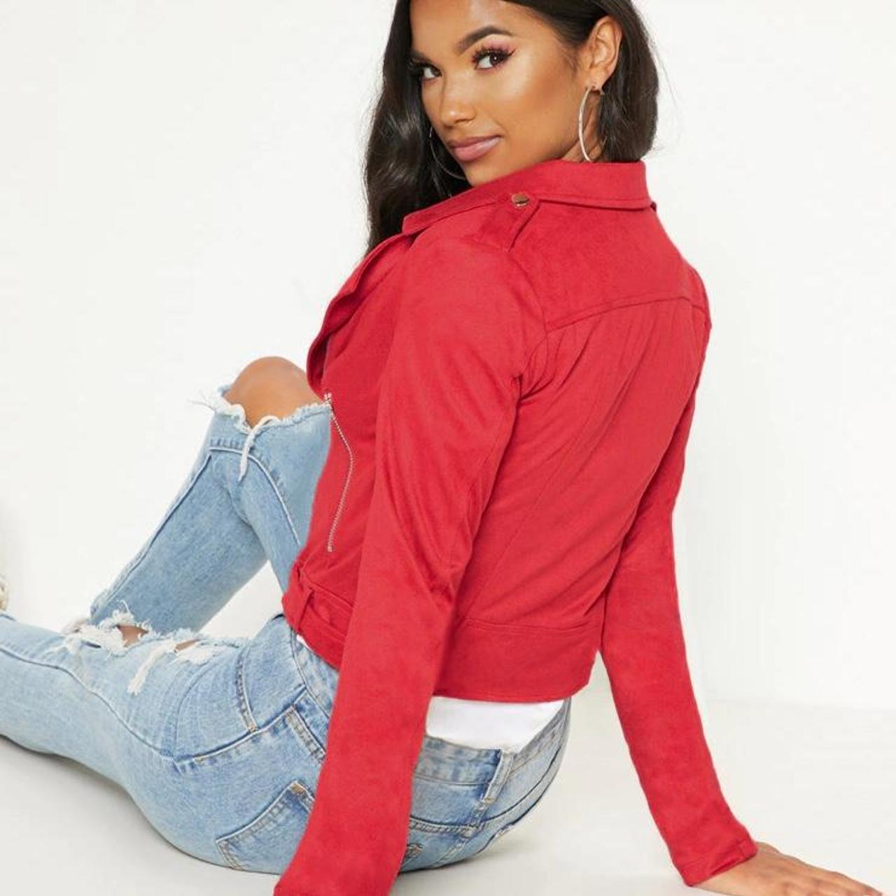 Red faux suede biker trucker jacket from PLT/Pretty... - Depop