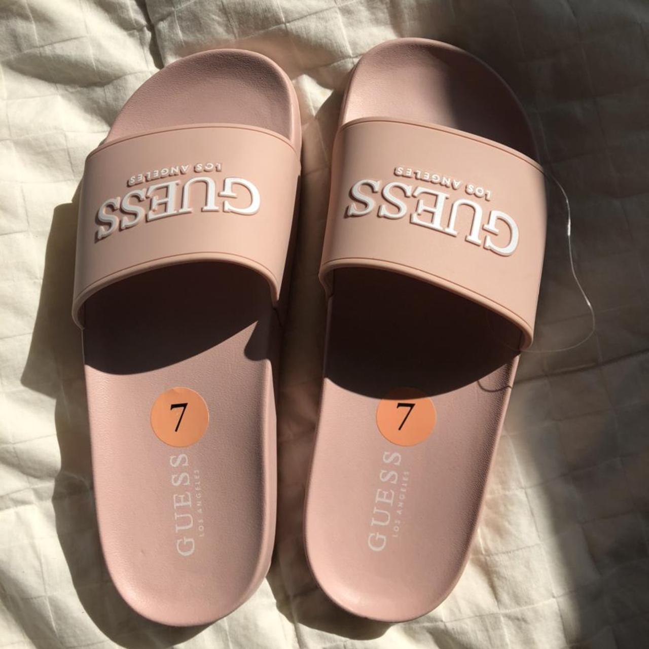 Guess Women's Pink and Tan Slides | Depop