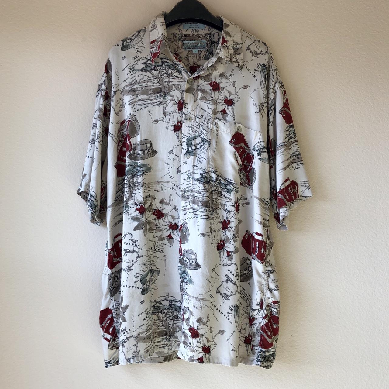 Vintage Floral Map Print Button-Down Shirt - Beige... - Depop