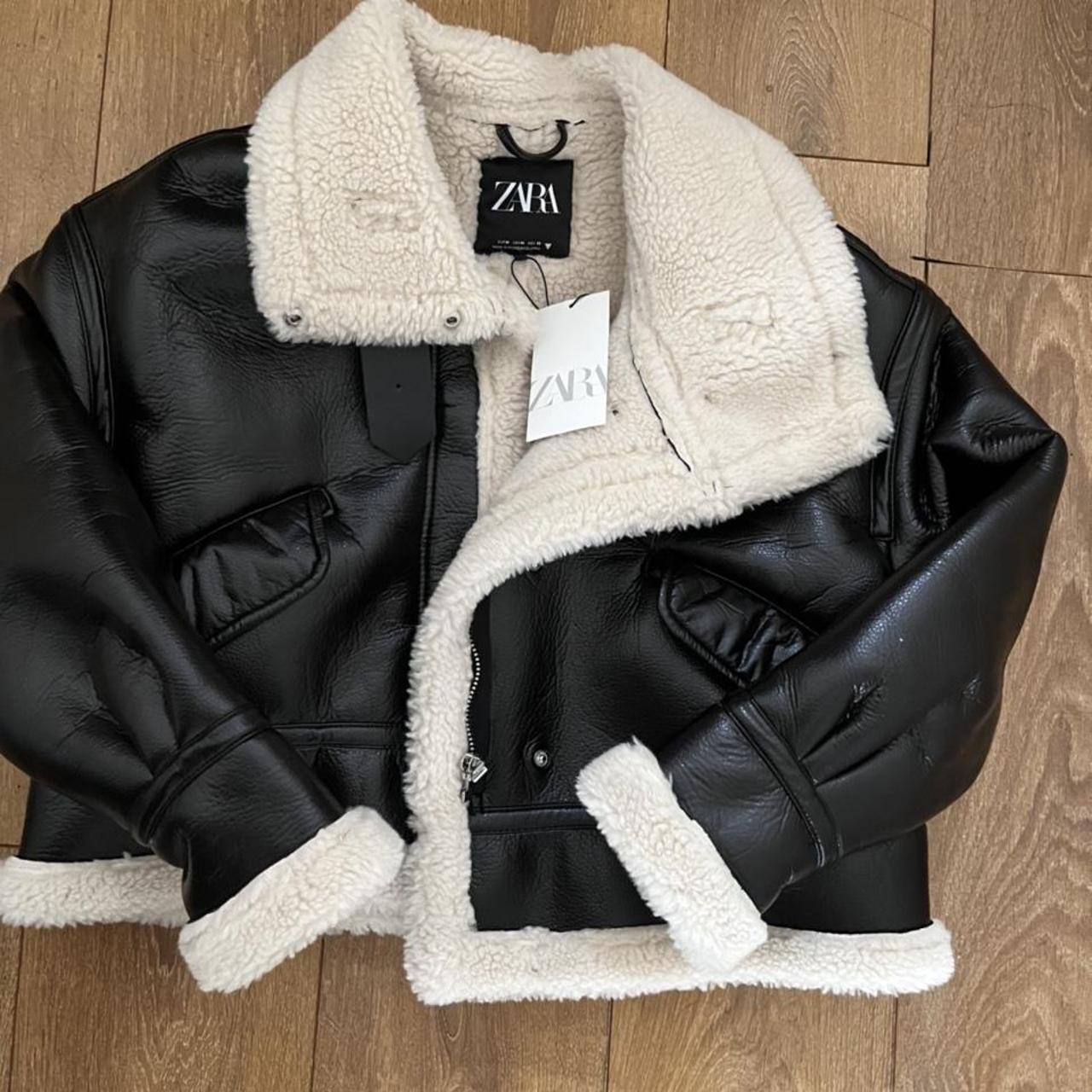 Zara faux leather jacket with faux shearling Size... - Depop