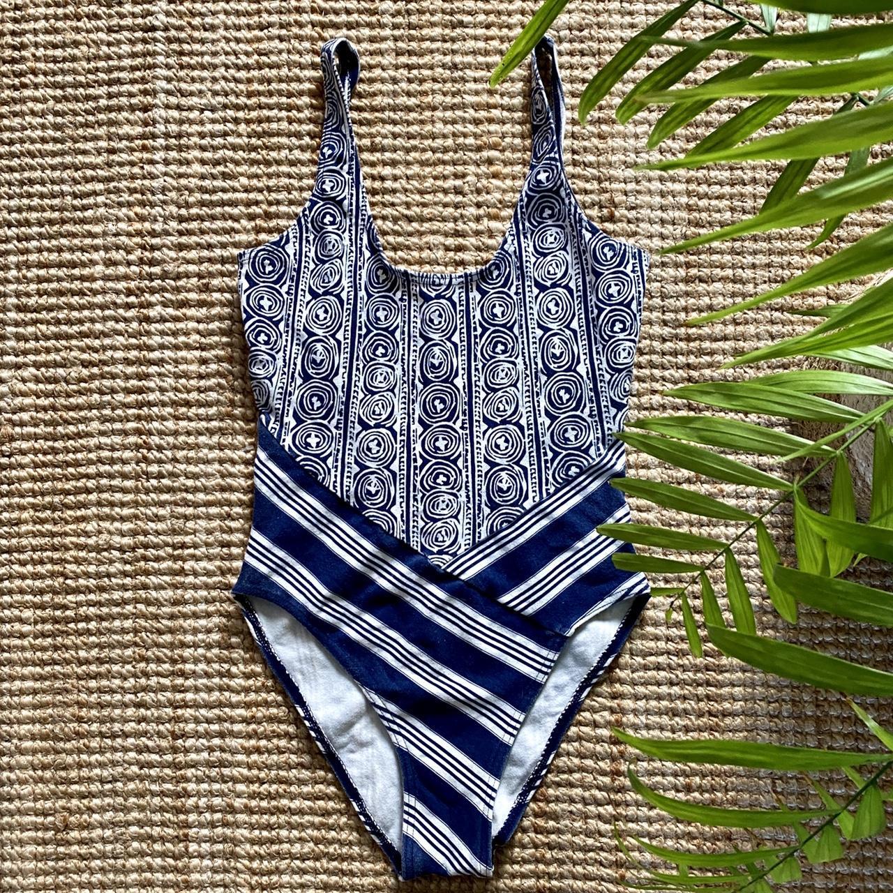 Vintage 90s swimming costume in an abstract navy and... - Depop