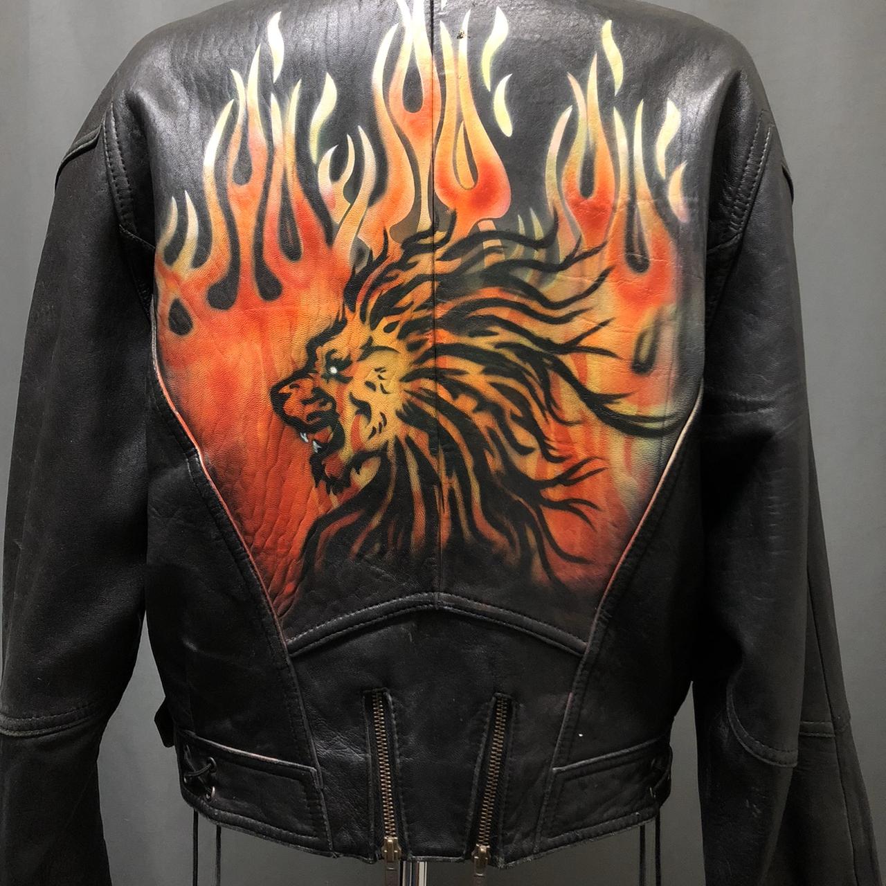 RaRe LA ROXX🔥Hand painted Lion&Fire🔥leather jacket... - Depop