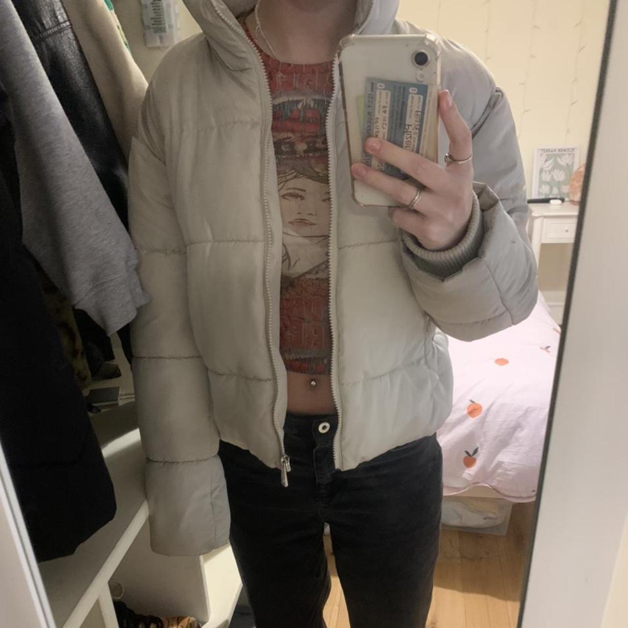 - cream puffer coat , ever so slight stain on the... - Depop