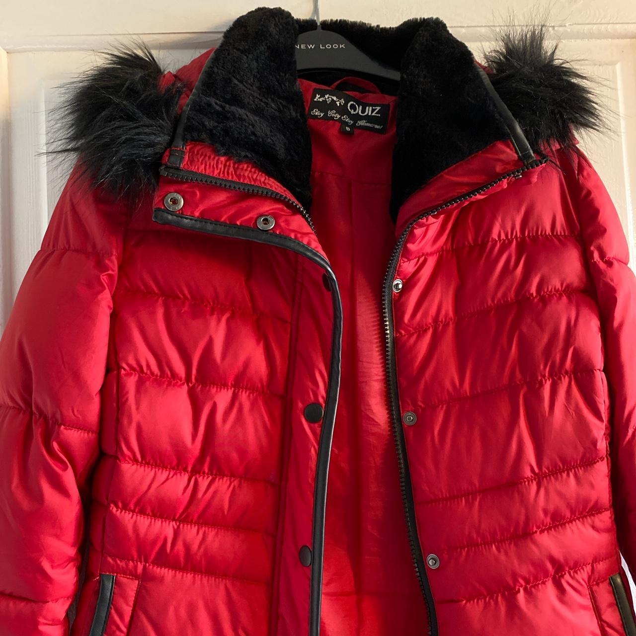 Quiz red puffer coat with detachable faux fur hood... - Depop