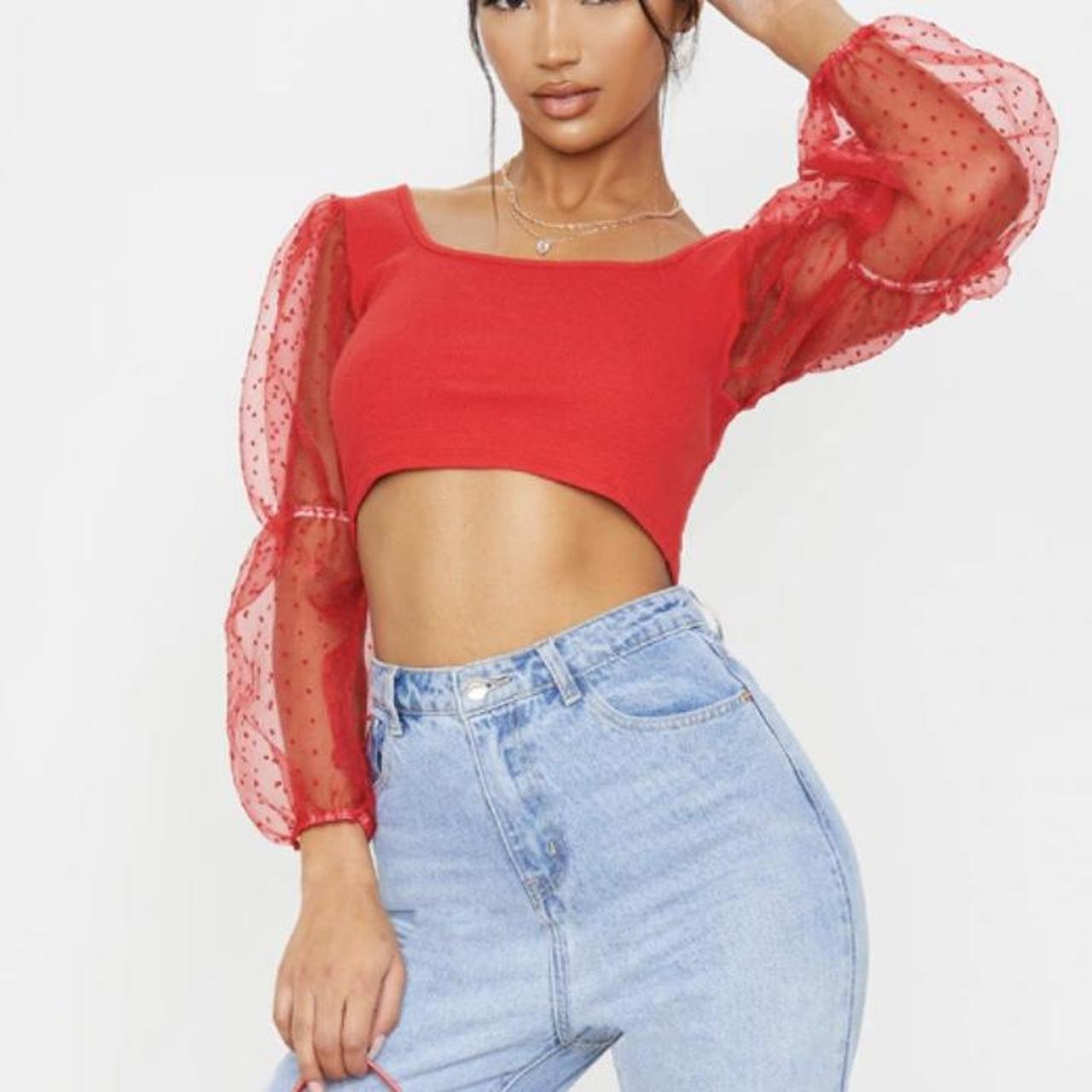Red puffy long sleeve top Puff sleeve Rib Crop... - Depop