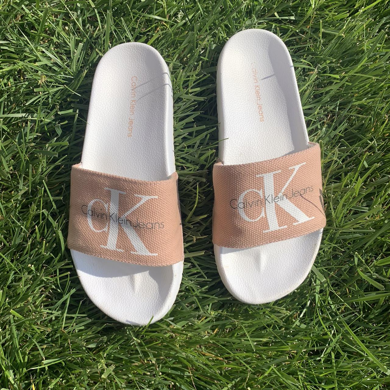 calvin kline slides in blush canvas, white sole. uk... - Depop