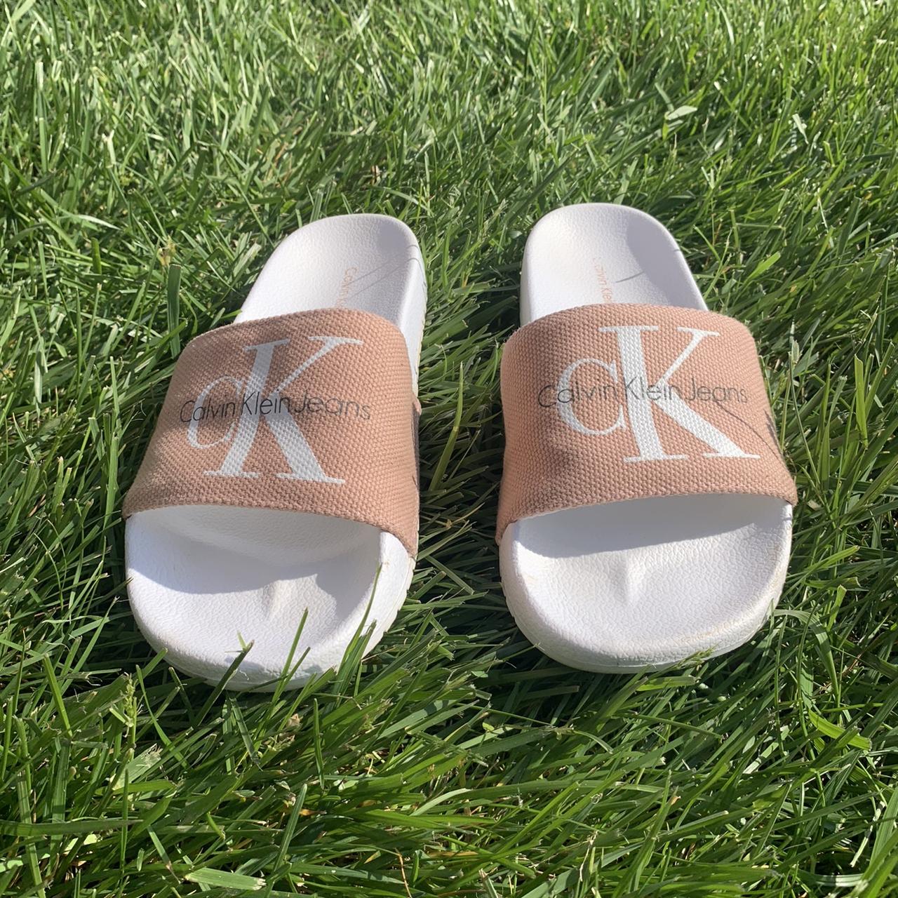 calvin kline slides in blush canvas, white sole. uk... - Depop