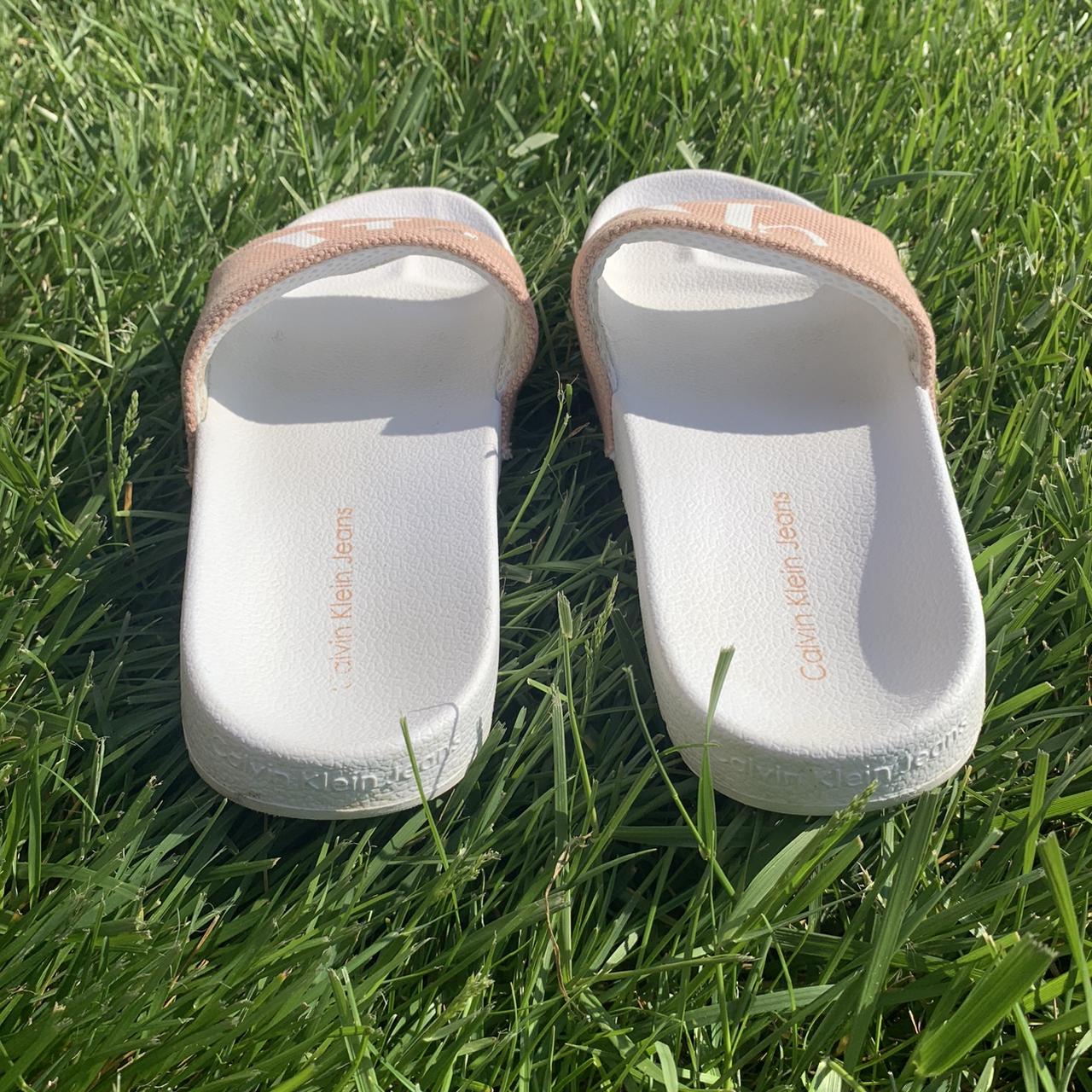 calvin kline slides in blush canvas, white sole. uk... - Depop