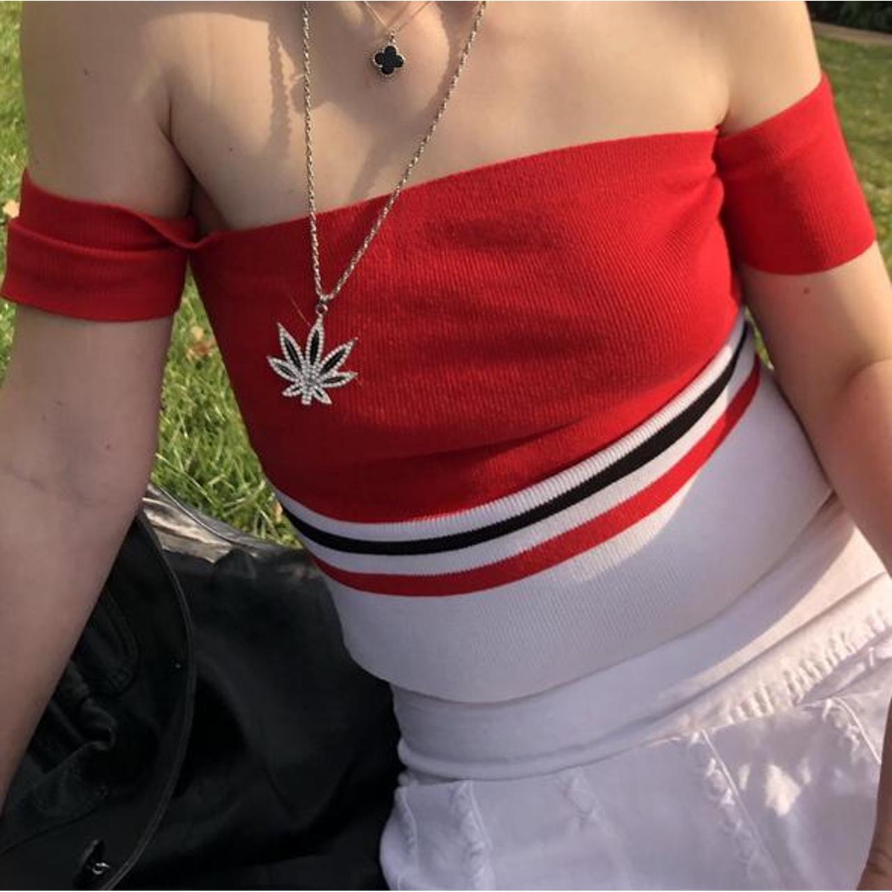Red off the shoulder crop top with white and red... - Depop
