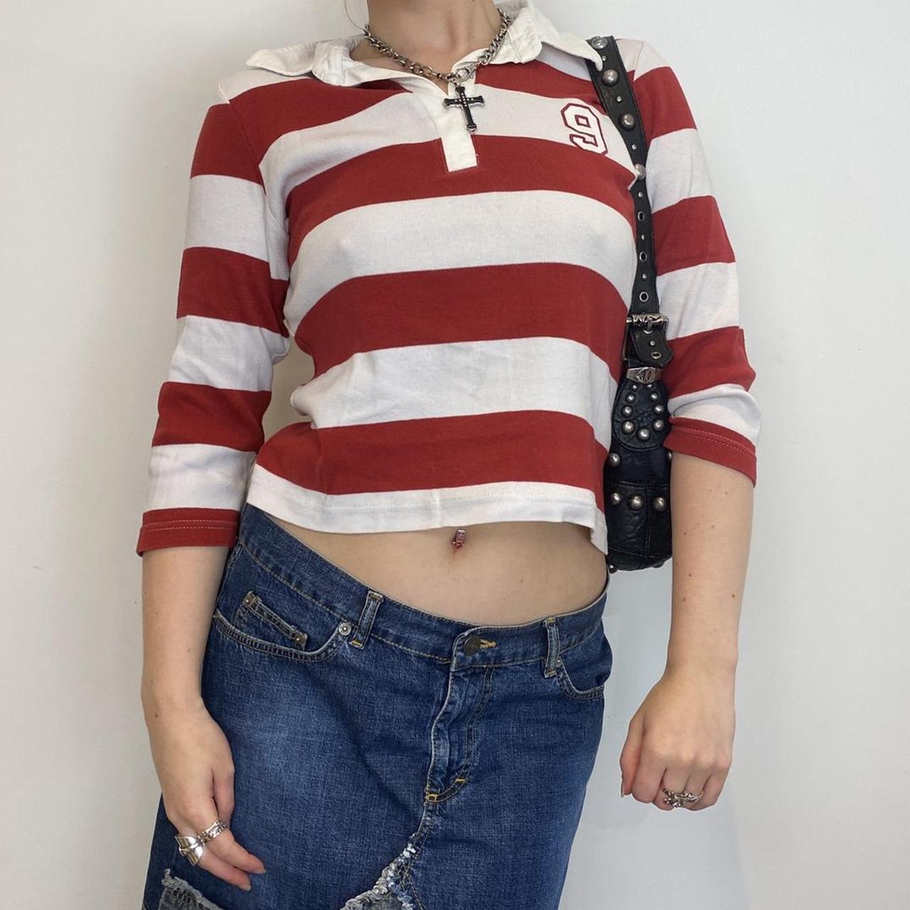 Y2k sporty stripe polo long sleeve top rugby style... - Depop