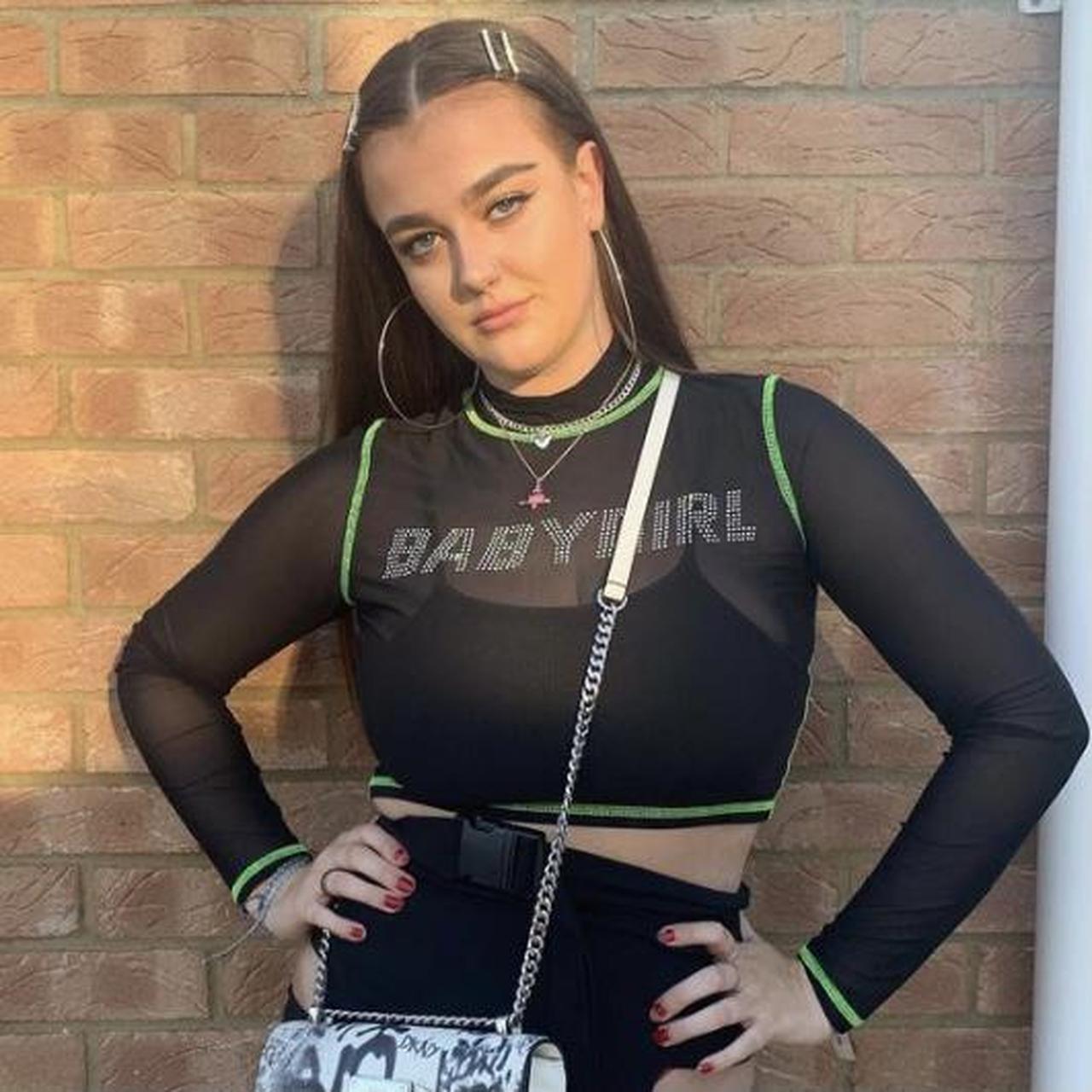 Diamonte baby girl black mesh long sleeve crop top... - Depop