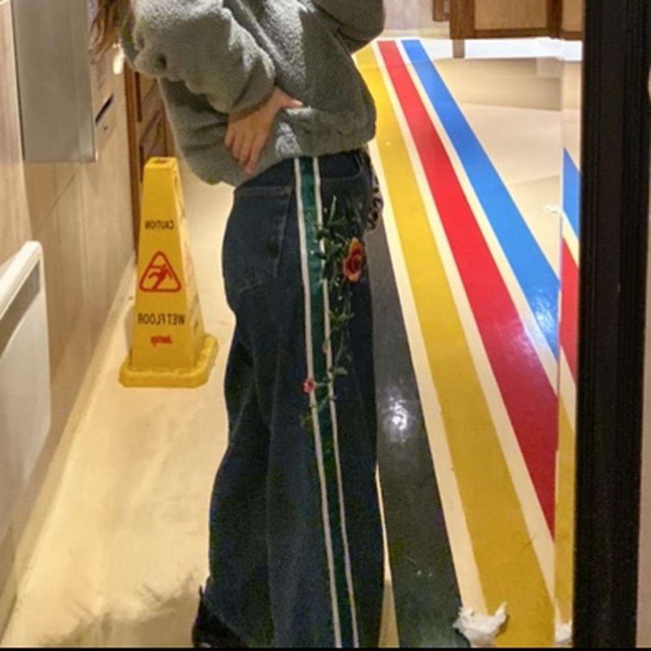 Topshop flared jeans with floral/ribbon pattern down... - Depop